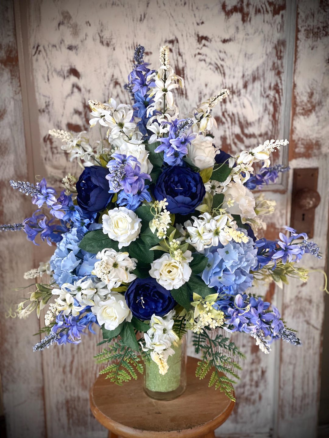 Blue Cemetery Flowers, Grave Flower Arrangement, Vase Insert, Grave ...