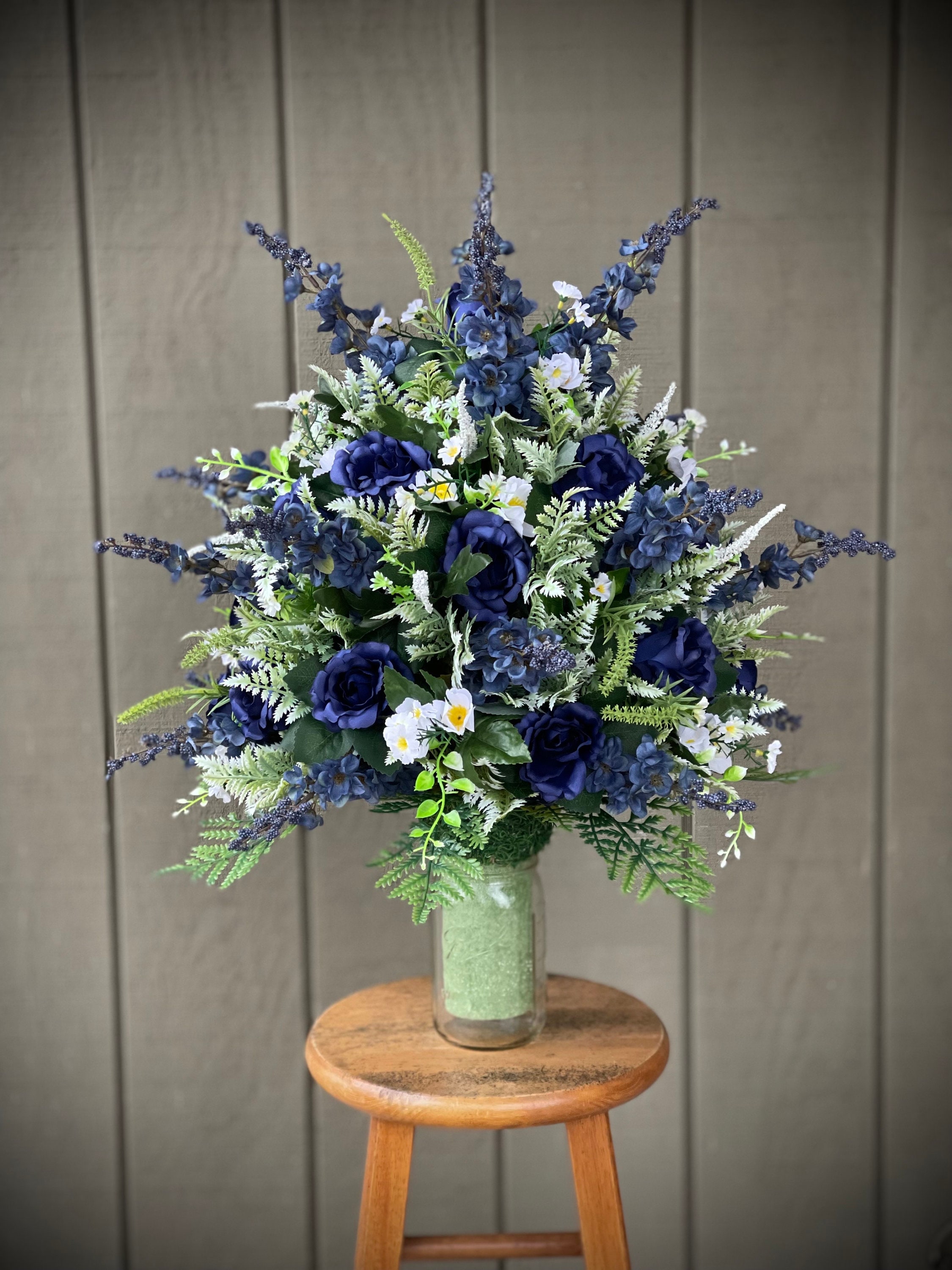 Blue Cemetery Flowers, Grave Flower Arrangement, Vase Insert, Grave ...