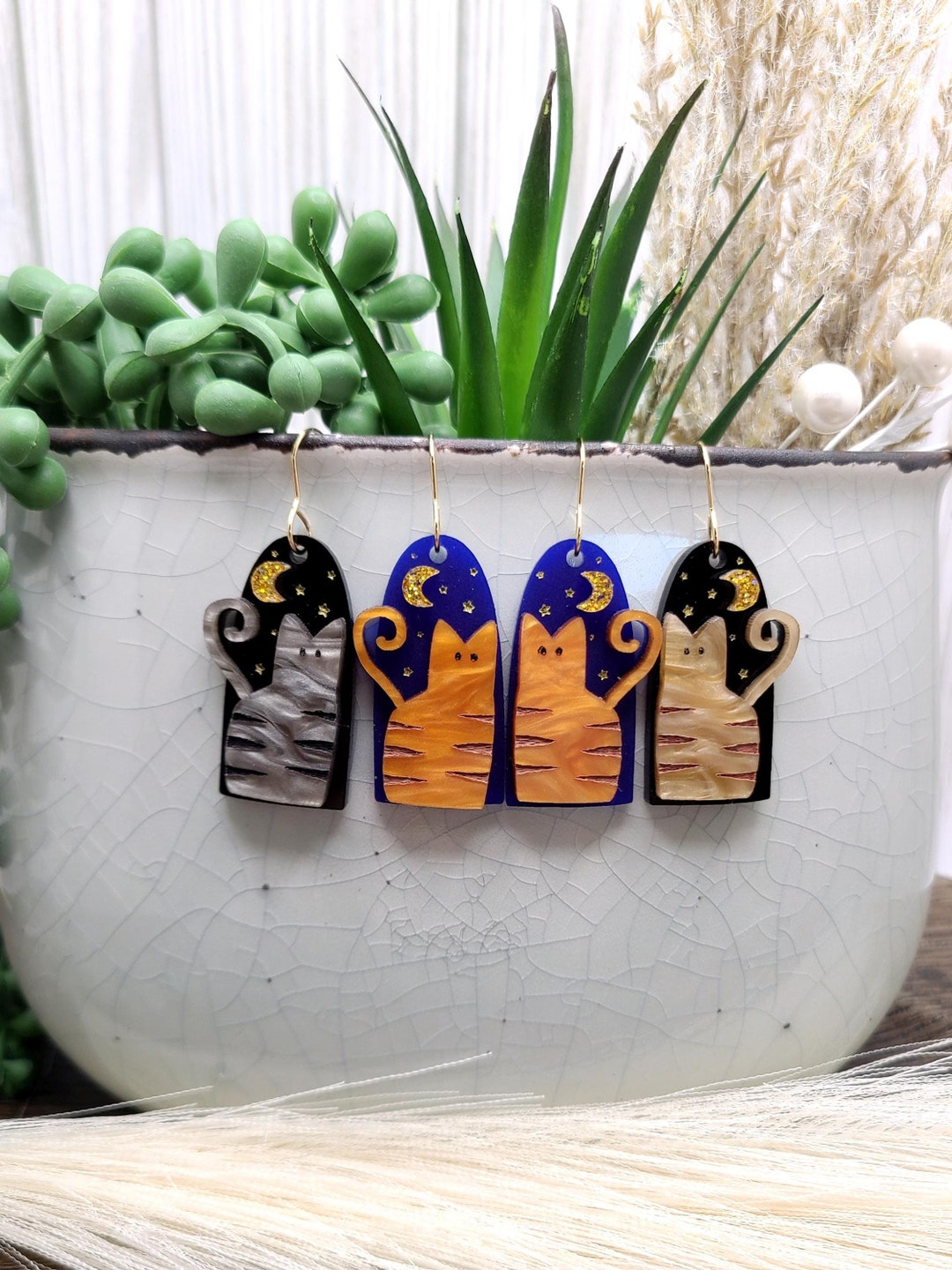 Mismatched Cat Moon Earrings: Whimsical Acrylic Jewelry, Cat Lover Gift ...