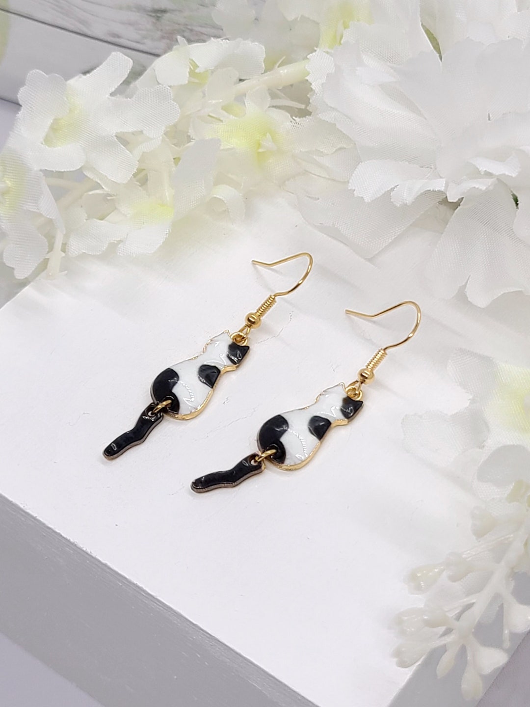 Cow Print Tuxedo Cat Earrings: Gold Plated Cat Lover Gift - Etsy