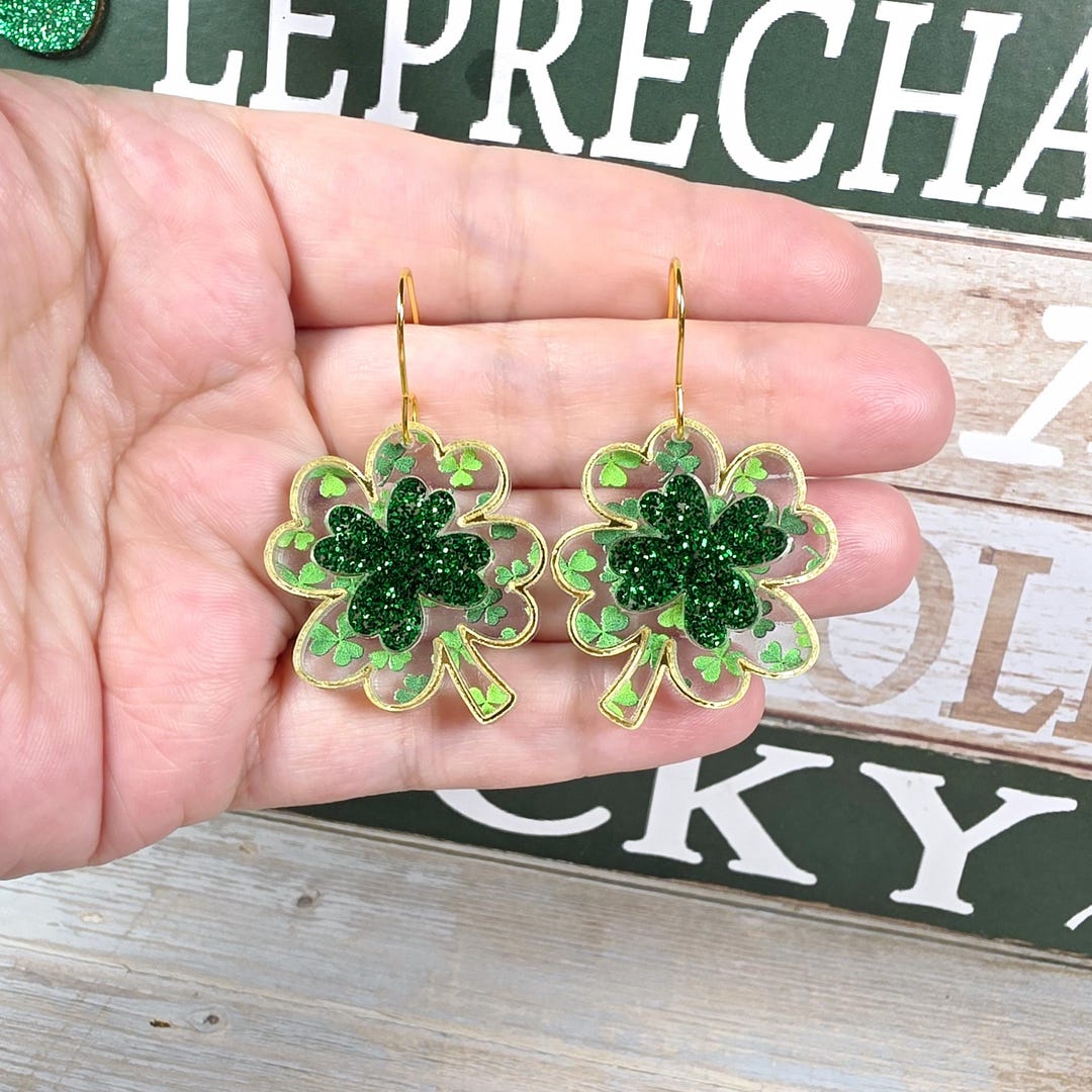 Four Leaf Clover Acrylic Earrings: Lucky Green Shamrock Earrings, St ...