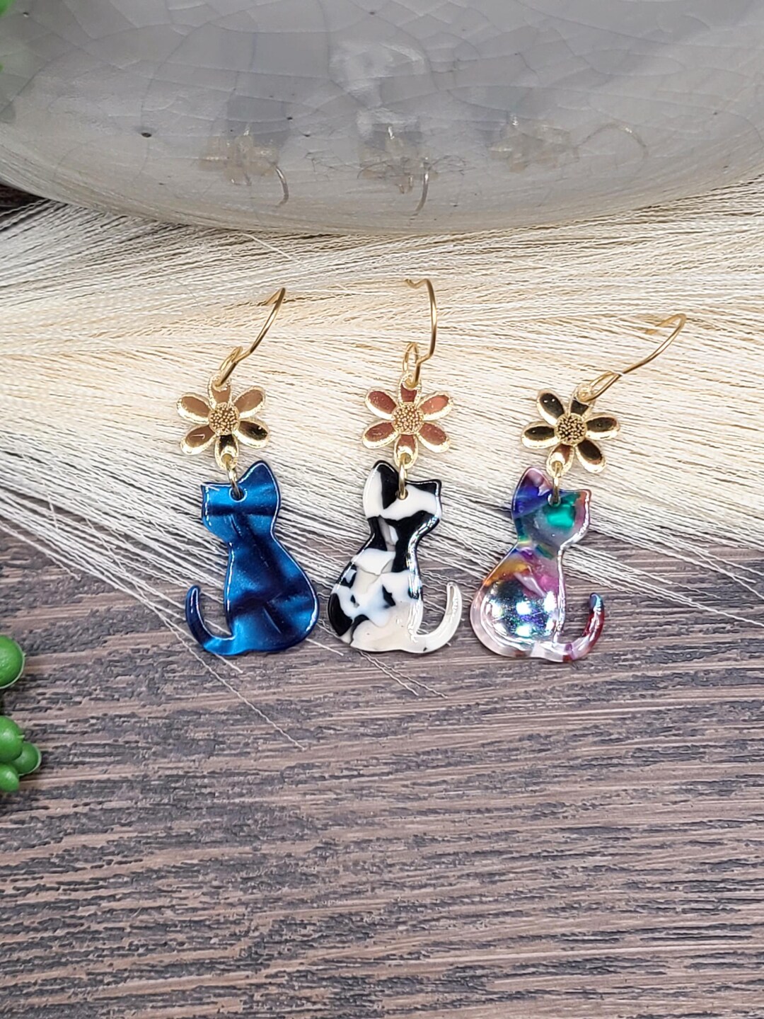 Mismatched Cat Earrings: Acrylic Tuxedo & Rainbow Cat With Gold Daisy ...