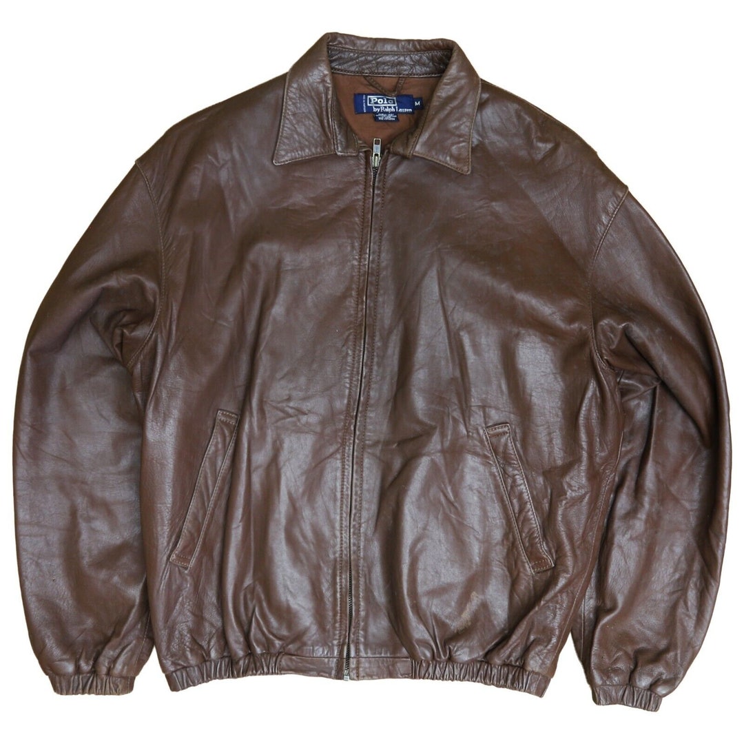 Vintage Polo Ralph Lauren Leather Bomber Jacket Size Medium Brown 90s ...