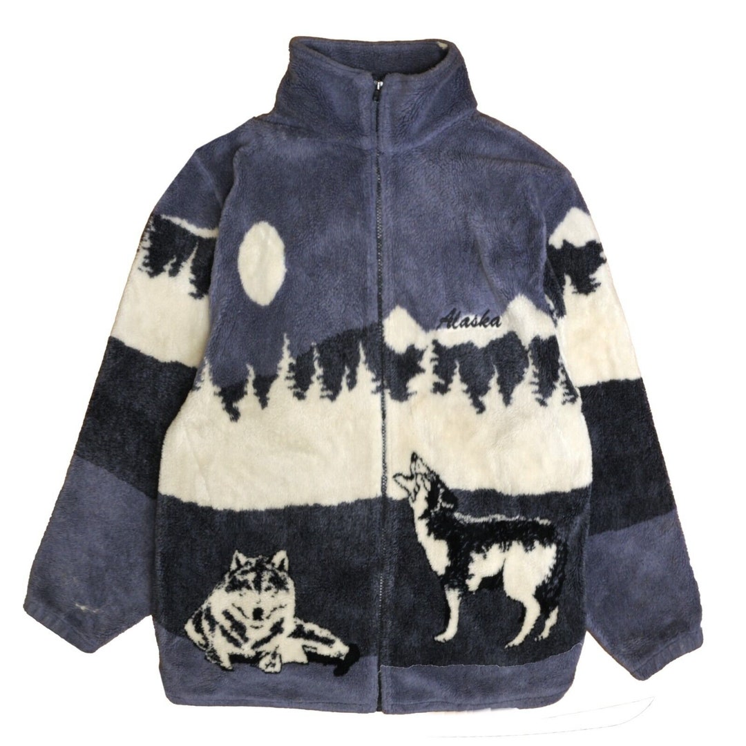 Vintage Ocean East Howling Wolf Pack Fleece Jacket Size XL Gray Nature ...