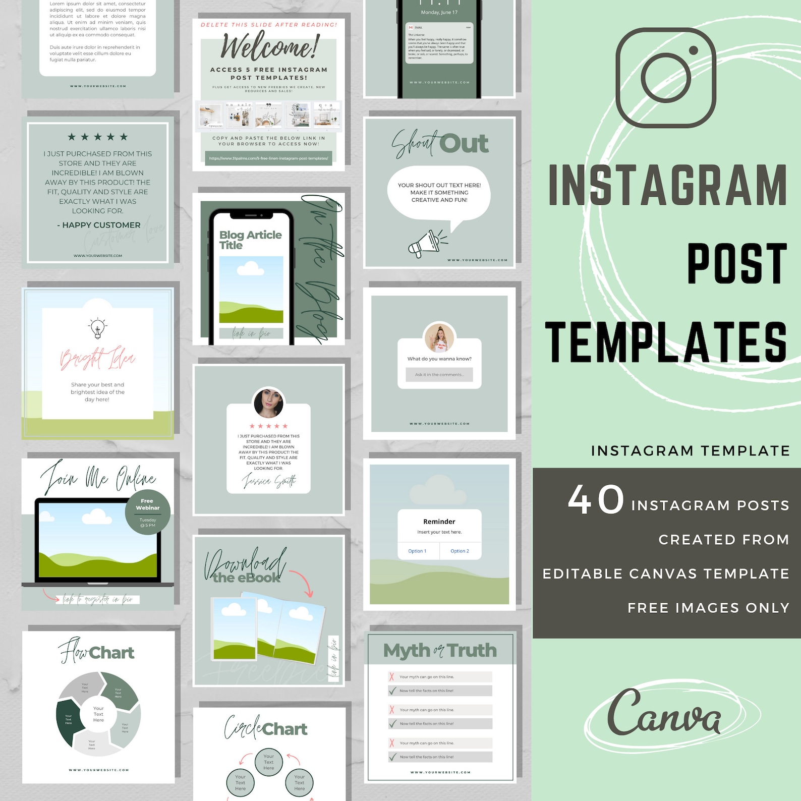 40 Eucalyptus Canva Editable Templates-green Social Media IG Instagram ...