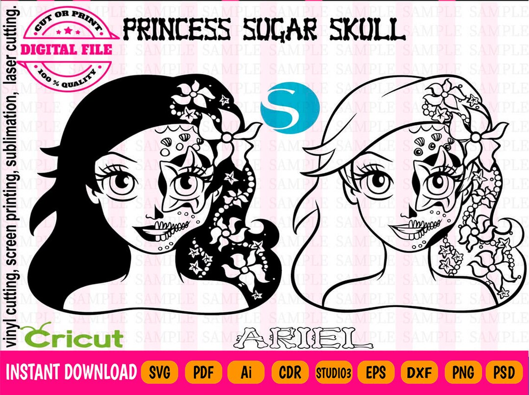 Princess Ariel Svg 2x1 - Ariel Sugar Skull Silhouette- Princess Sugar ...