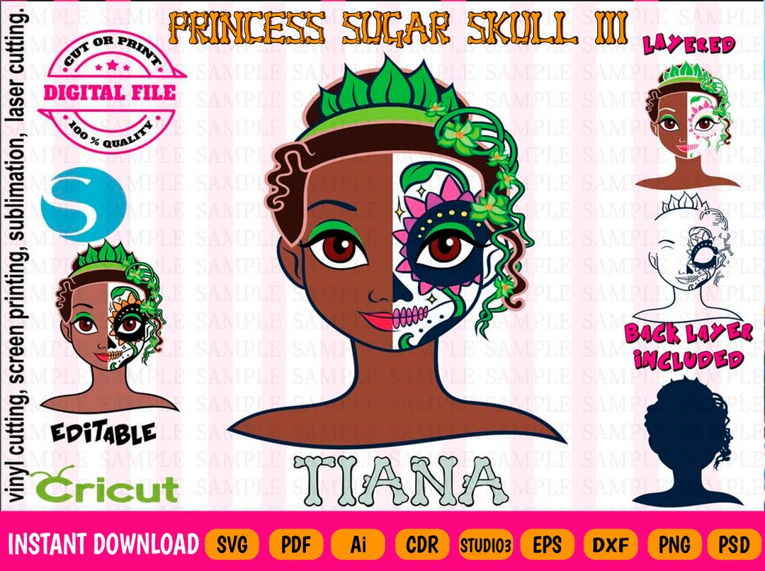 Princess Tiana Svg - Tiana Sugar Skull Version 3 - Princess Sugar Skull ...