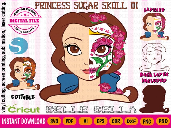 Princess Belle Svg Belle Sugar Skull Version 3 Princess | Etsy