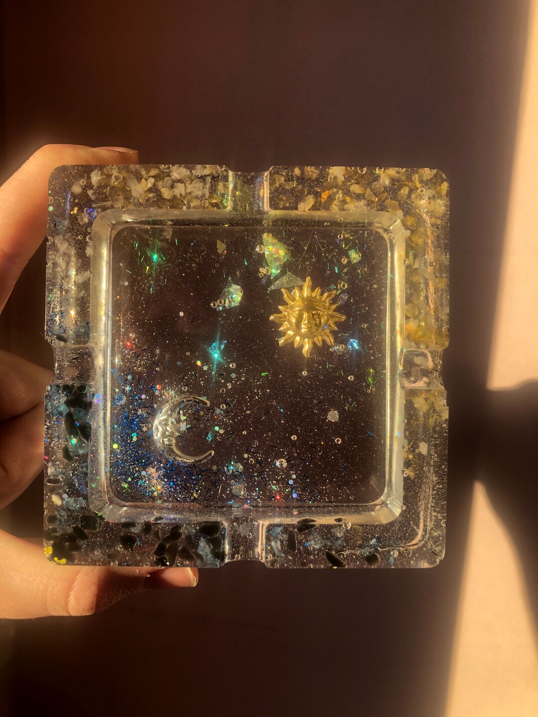 Sun and Moon Ashtray, Trinket Tray With Glitter and Real Crystal Chips ...