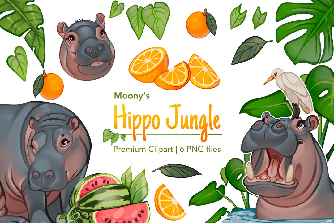 Hippopotamus Jungle Clipart - Fruit - Hippo - Graphic - Digital ...