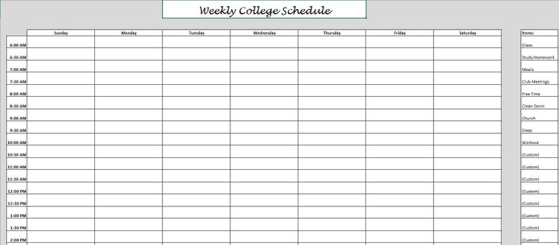 College Weekly Schedule - Etsy