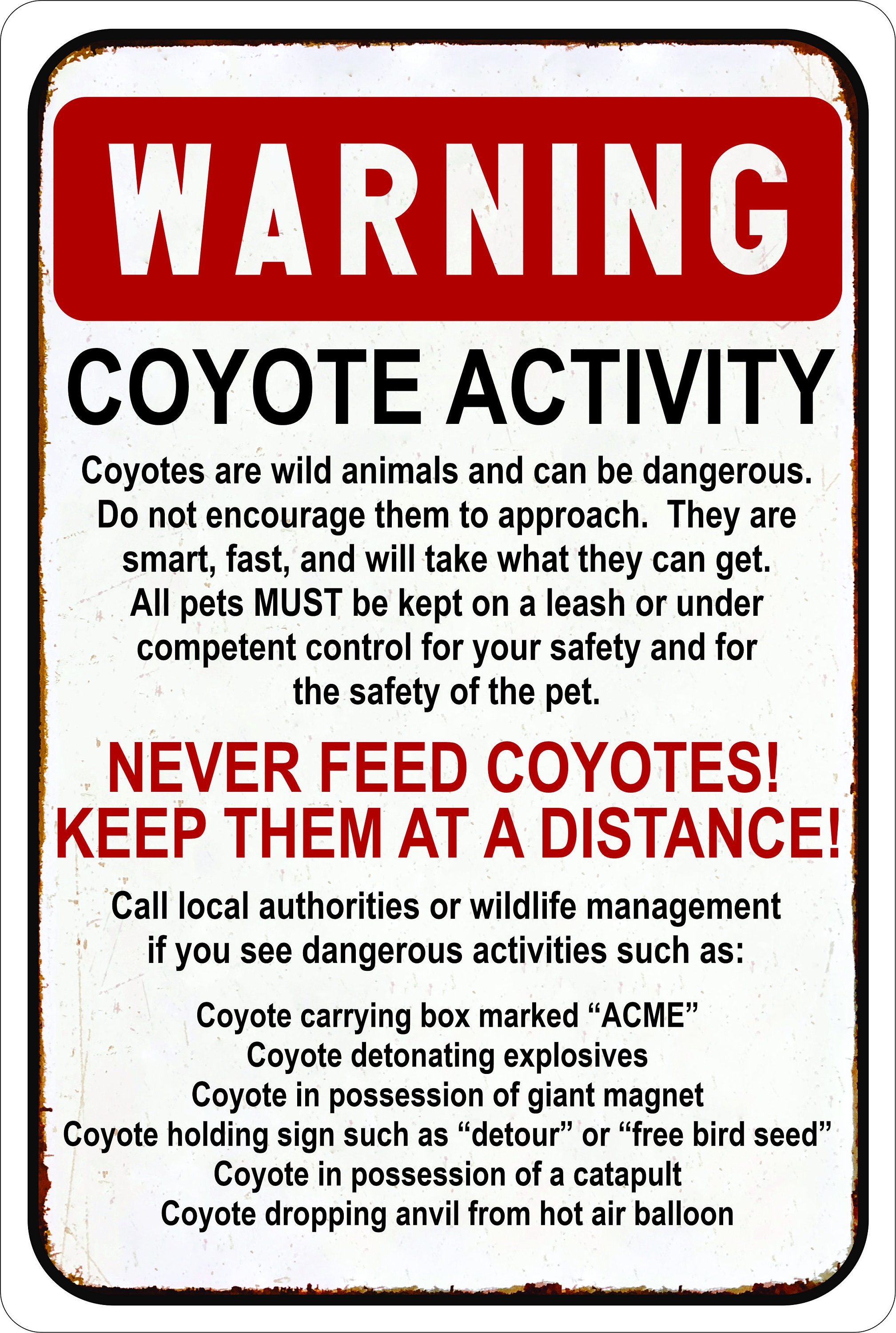 Vintage Style Coyote Warning Sign, Distressed Metal Signage, Retro ...