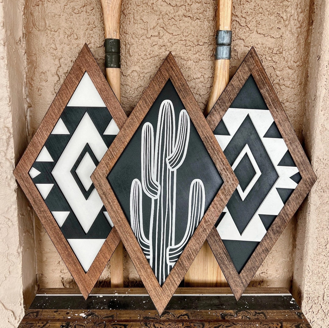 Wood Aztec Cactus Diamond Trio, Southwest Bohemian Wall Decor, Cactus ...