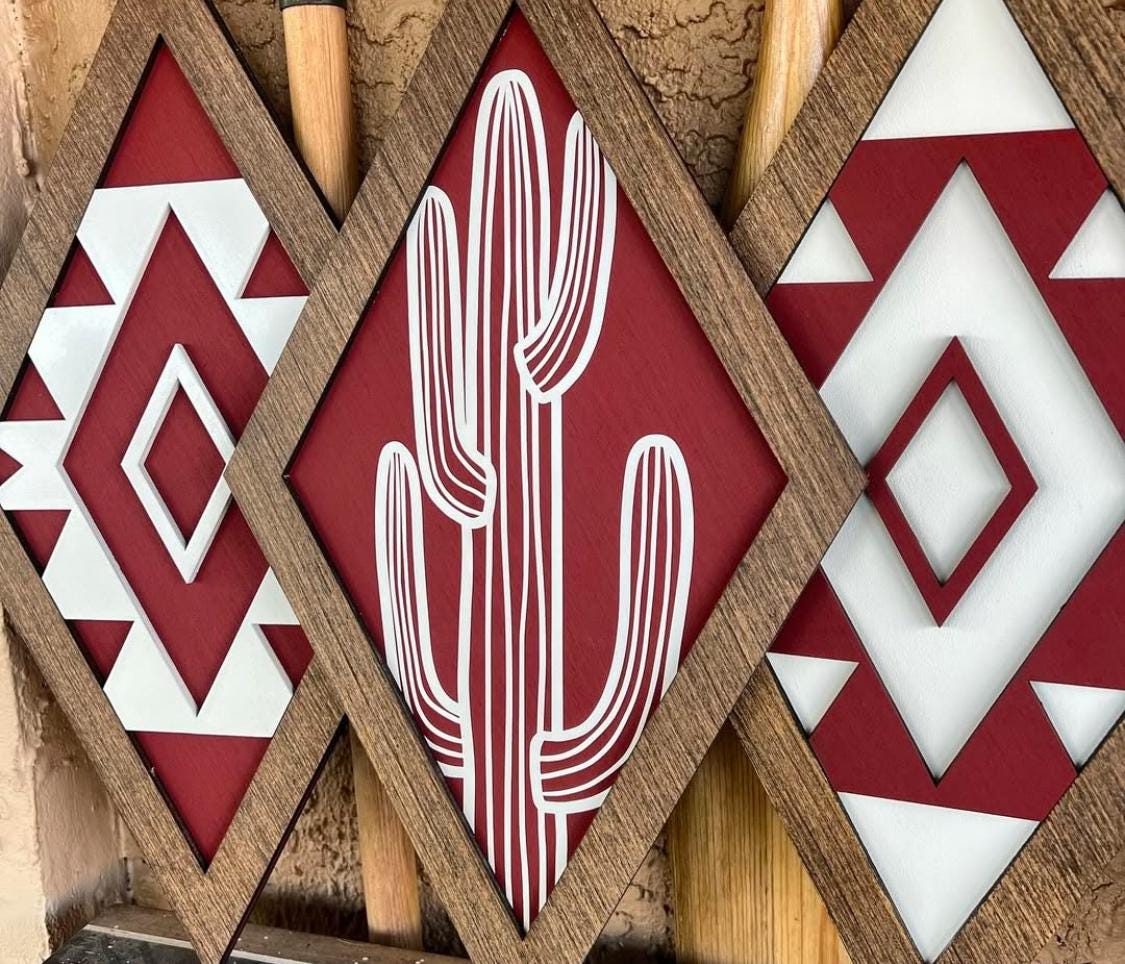 Extra Large Wood Aztec Cactus Diamond Trio, Southwest Wall Decor ...