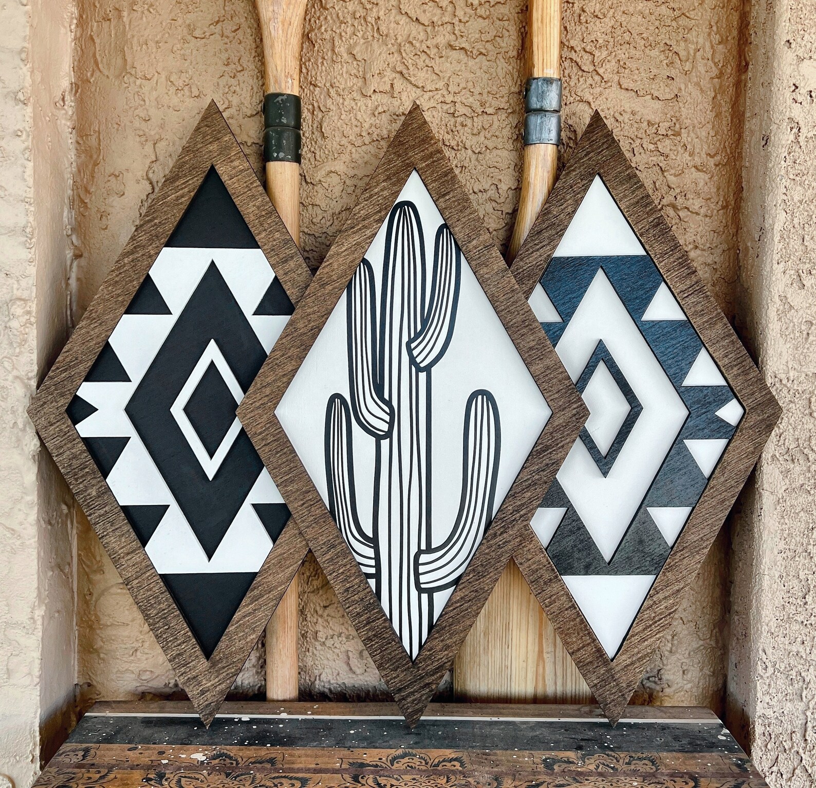 Wood Aztec Cactus Diamond Trio, Southwest Bohemian Wall Decor, Cactus ...