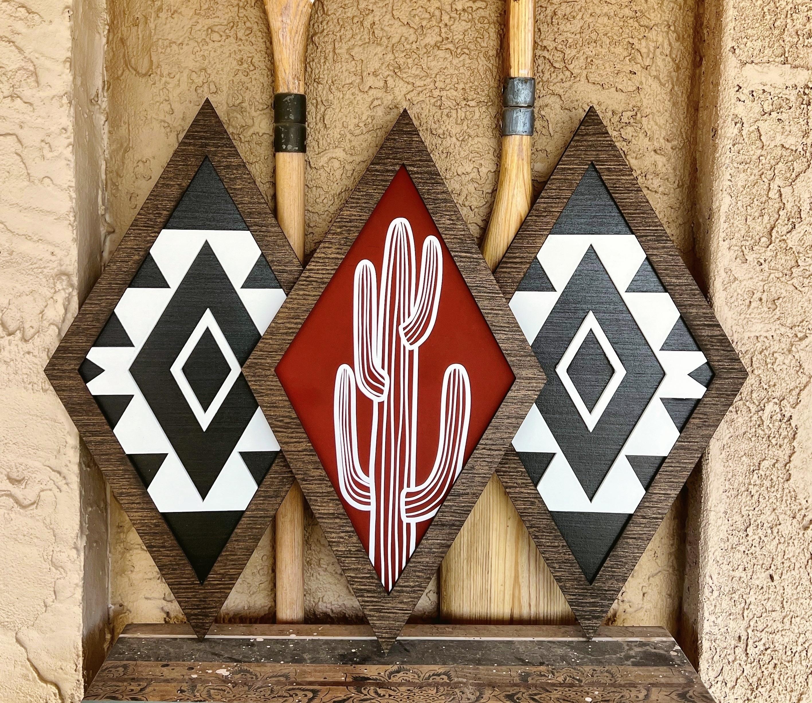 Wood Aztec Cactus Diamond Trio, Southwest Bohemian Wall Decor, Cactus ...