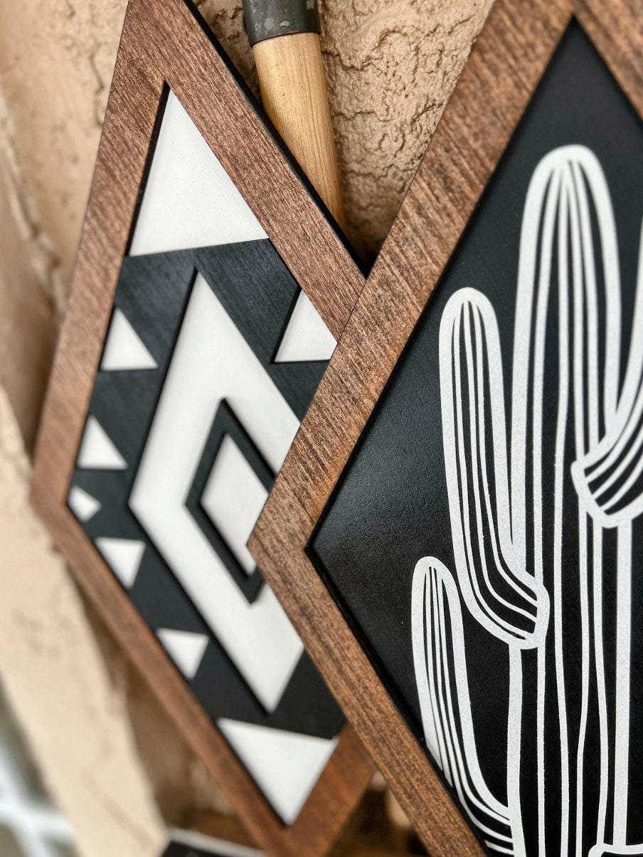 Wood Aztec Cactus Diamond Trio Southwest Bohemian Wall Decor - Etsy