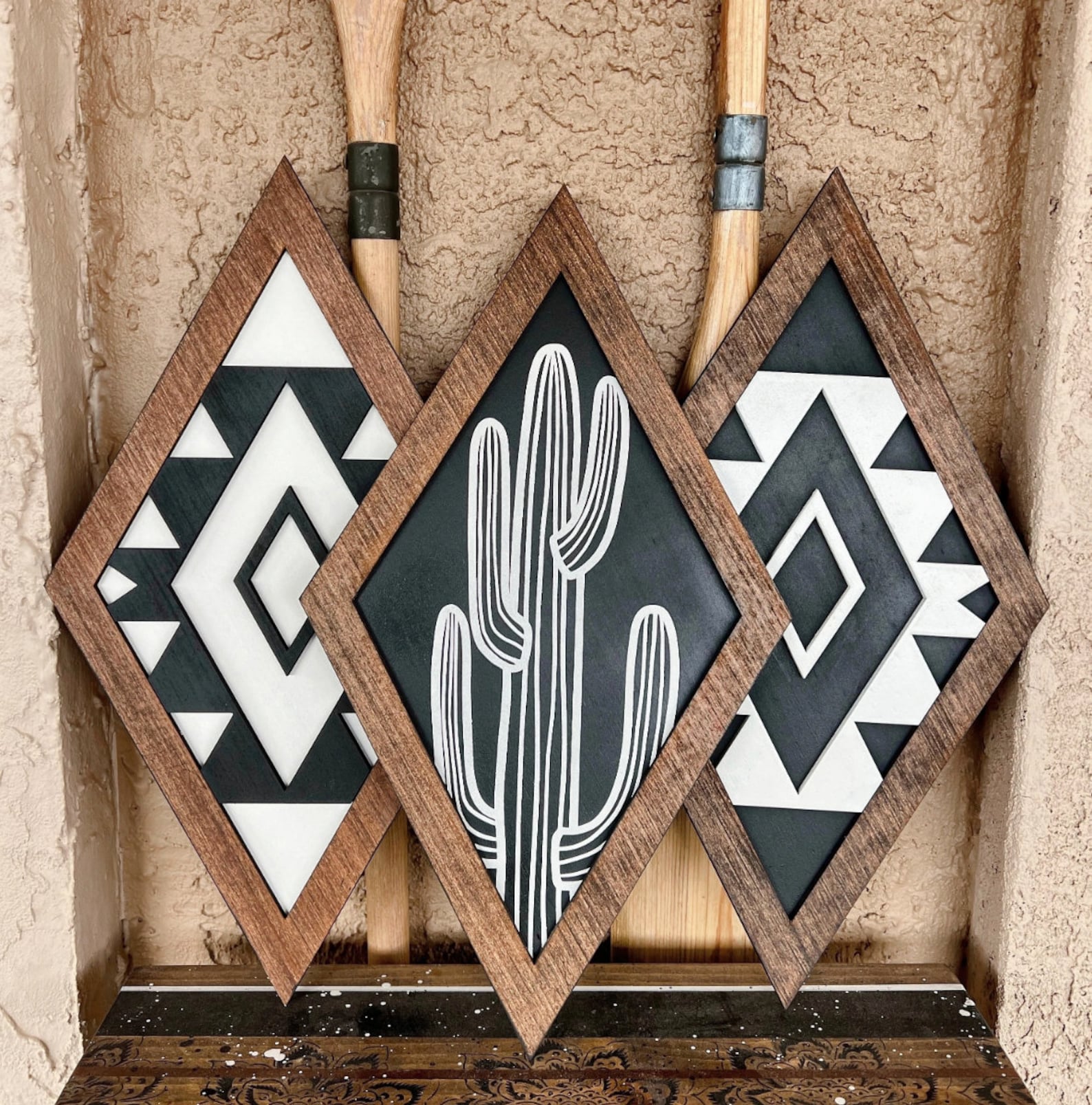 Wood Aztec Cactus Diamond Trio Southwest Bohemian Wall Decor - Etsy