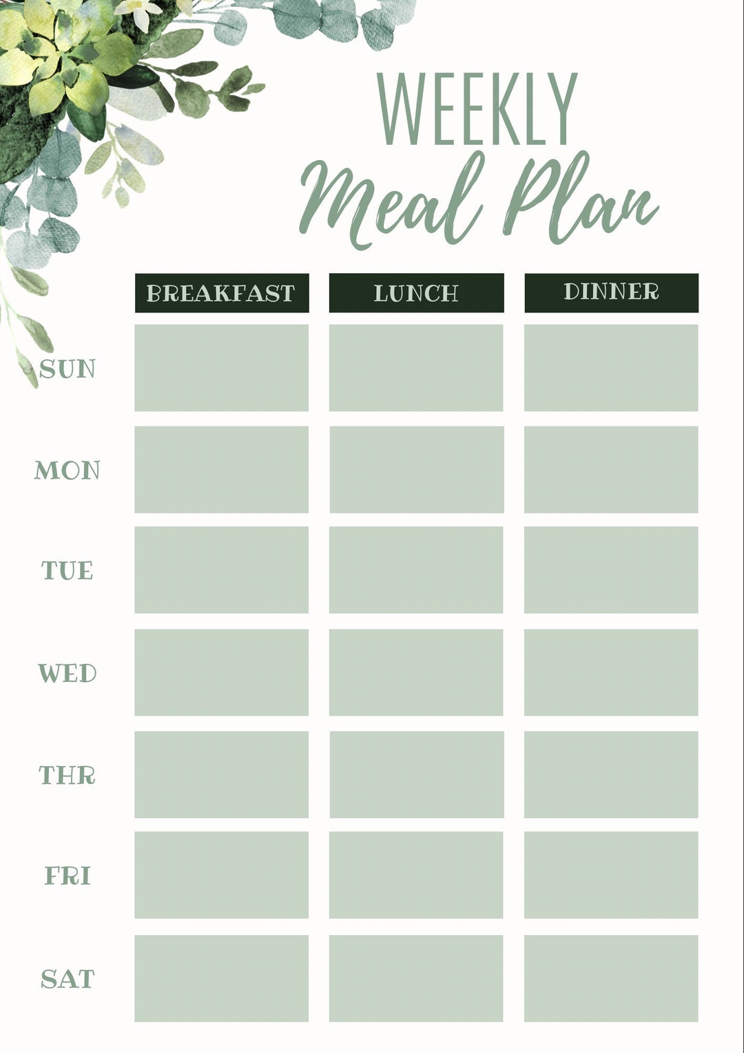 Boho Green Weekly Mean Plan & Grocery List - Etsy