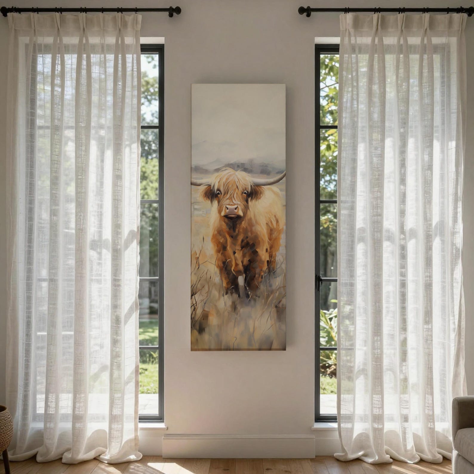 Shaggy Highland Cow Canvas Art, Rustic Farmhouse Wall Decor, Boho ...
