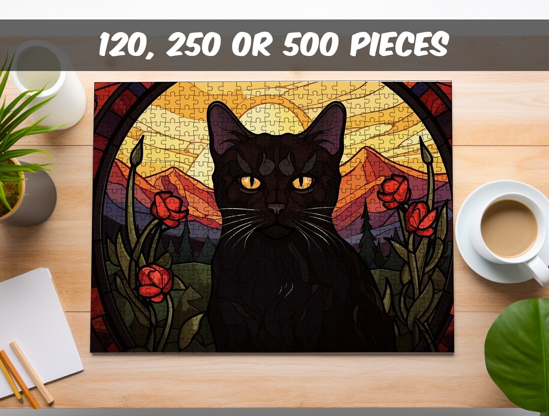 Stained Glass Black Cat Red Animal Puzzle, Nature Puzzles, Puzzles for ...