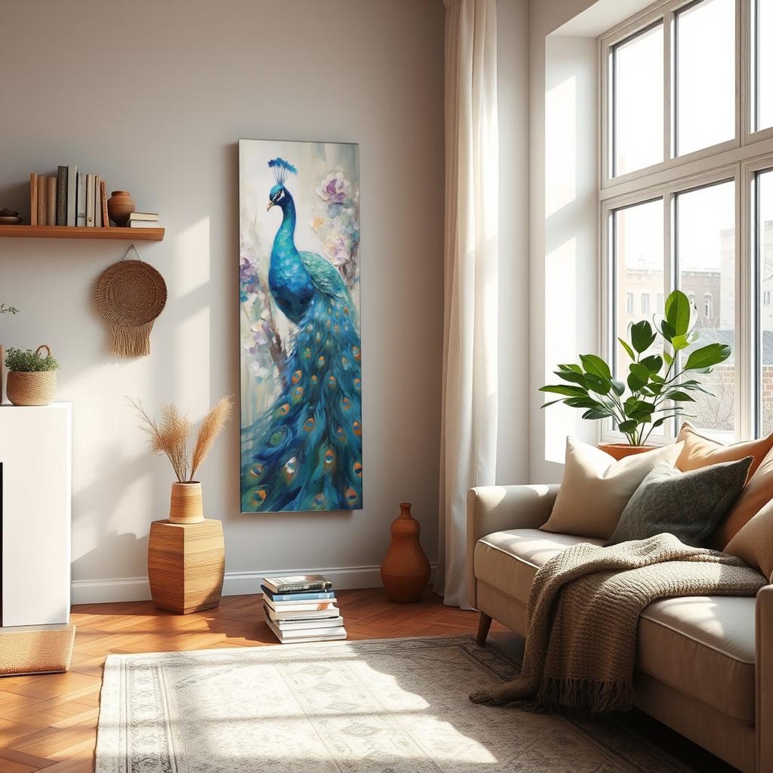 Tall Narrow Peacock Wall Art, Blue and Gold Bird Canvas Print, Modern ...