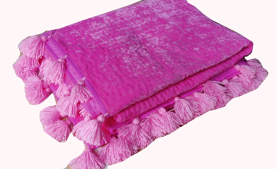 Baby Pink Velvet Blanket Quilt Coverlet_diamond Hand Stitched_hot Pink ...