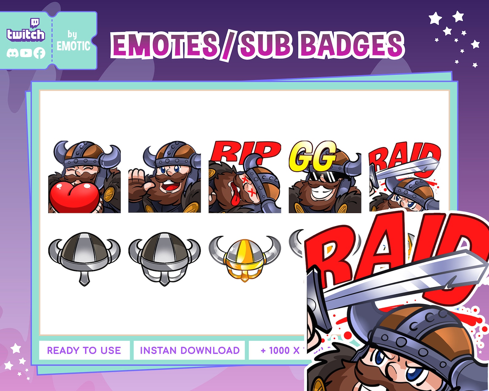 Twitch Emote Pack : Viking 5 Emotes and 5 Sub Badges | Viking Emote ...