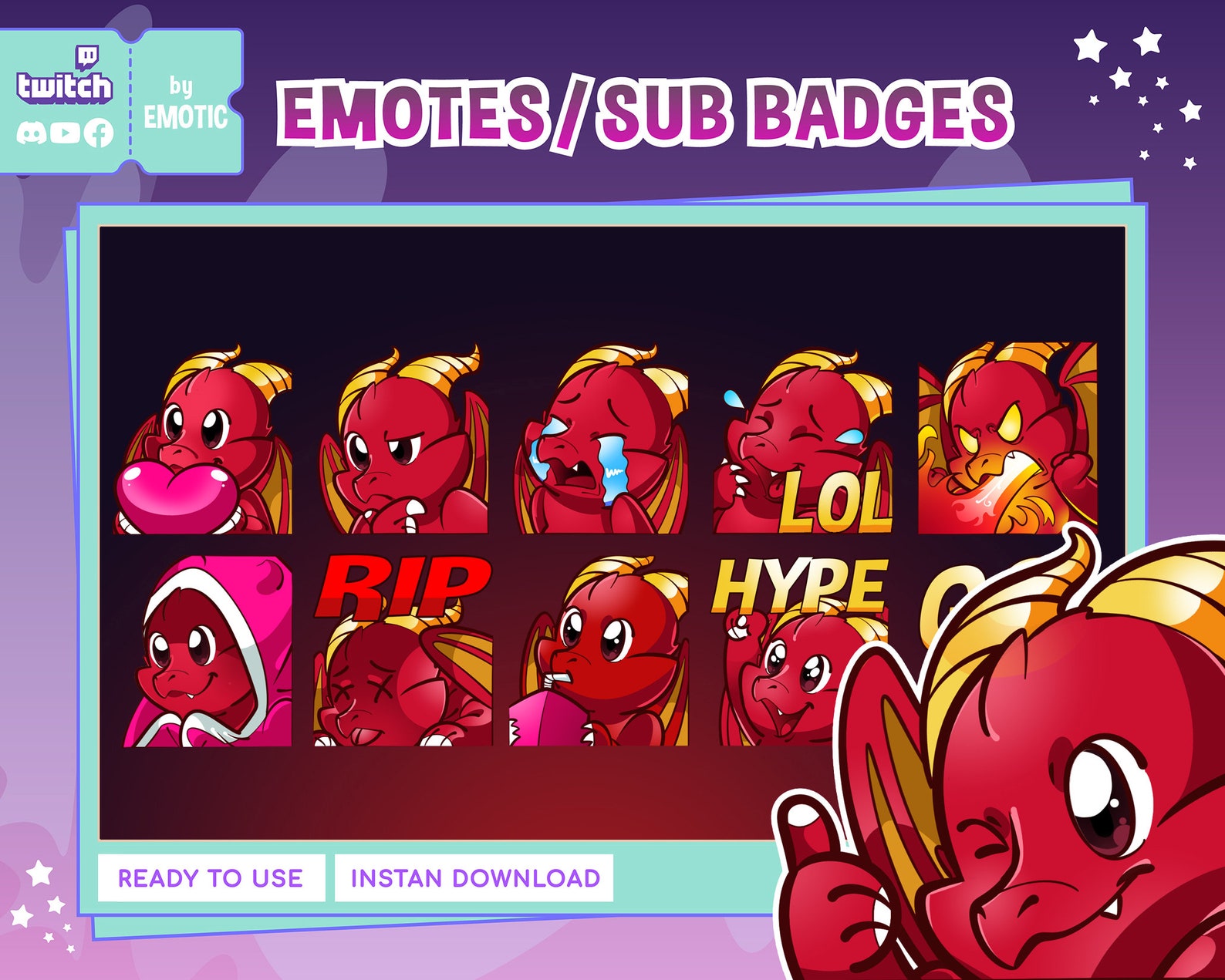 Twitch Emotes Dragon | Red Dragon Chibi Emotes | Cartoon Emotes | Cute ...