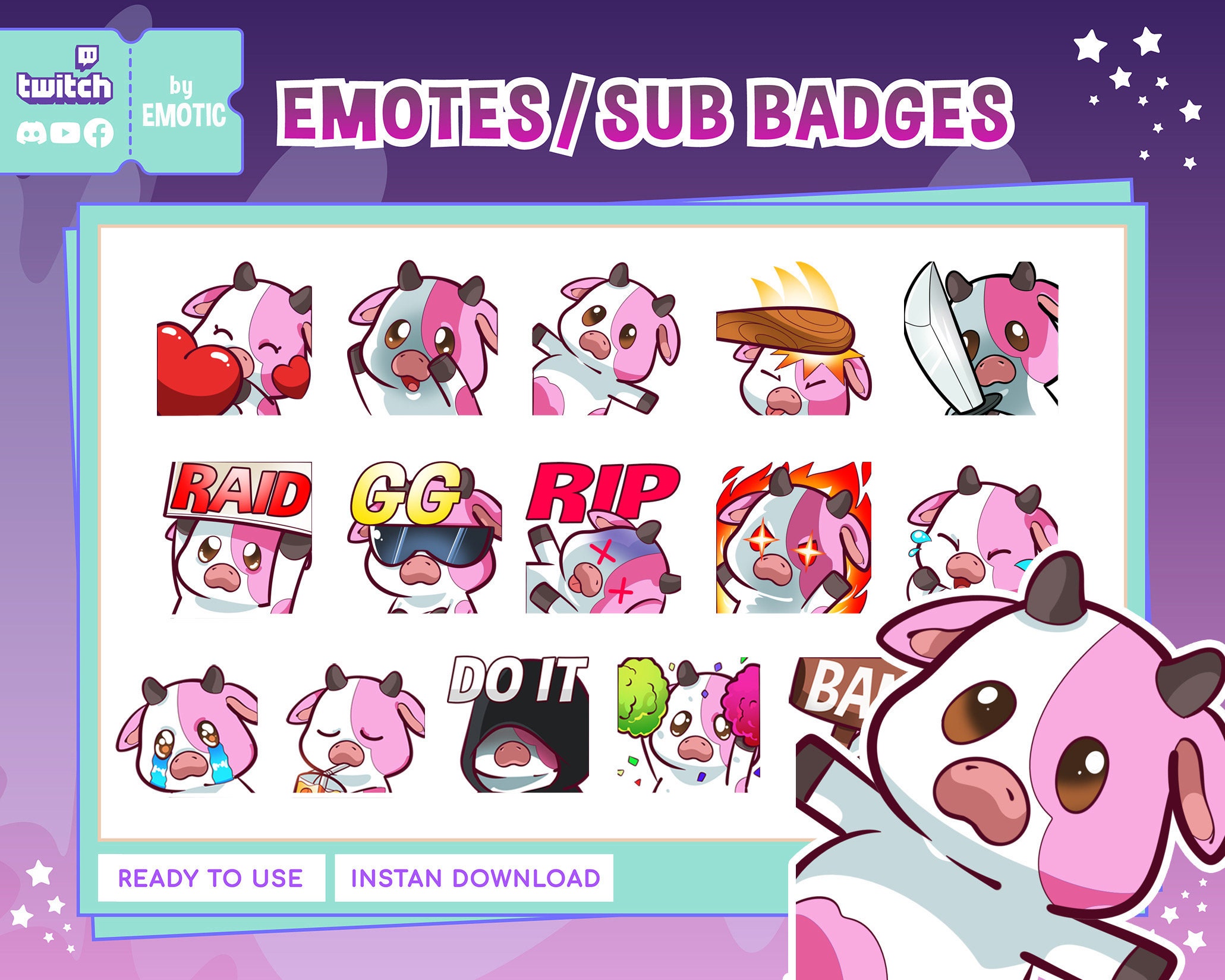 16x Pink Cow Pack Emotes | Cow Twitch Emote | Cute Cow Emote | Twitch ...