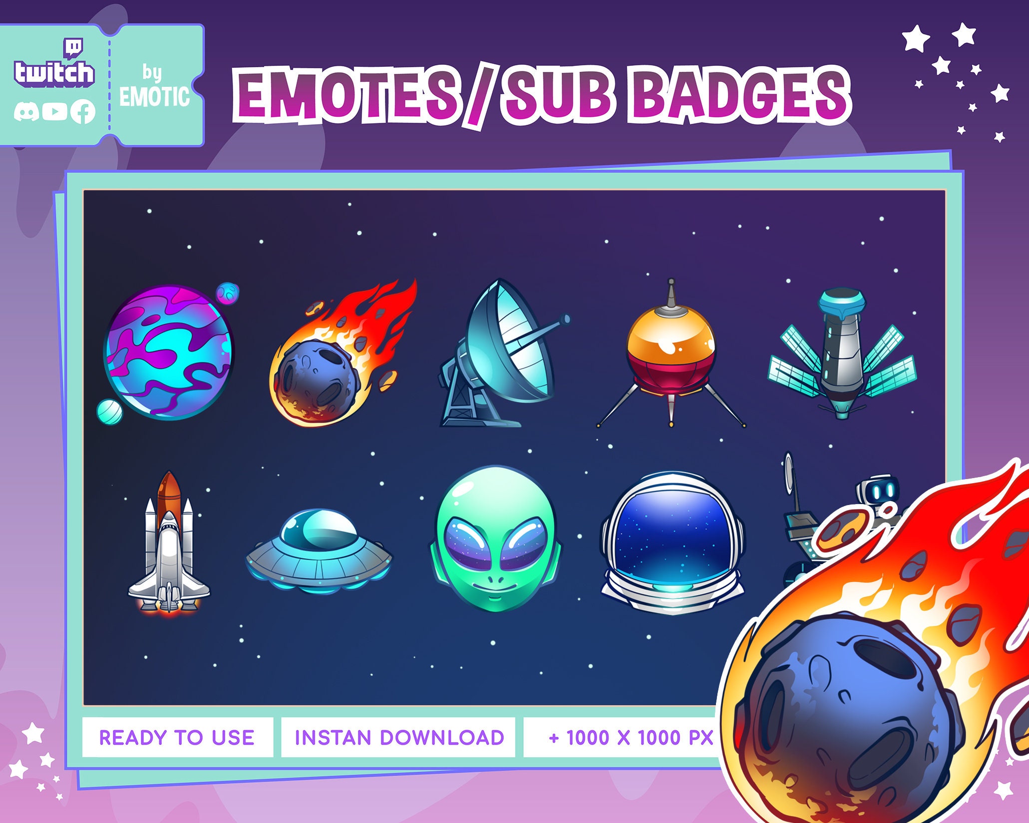 Twitch Sub Badges | 10 Space Sub Badges | Meteorite | Rocket | Alien ...