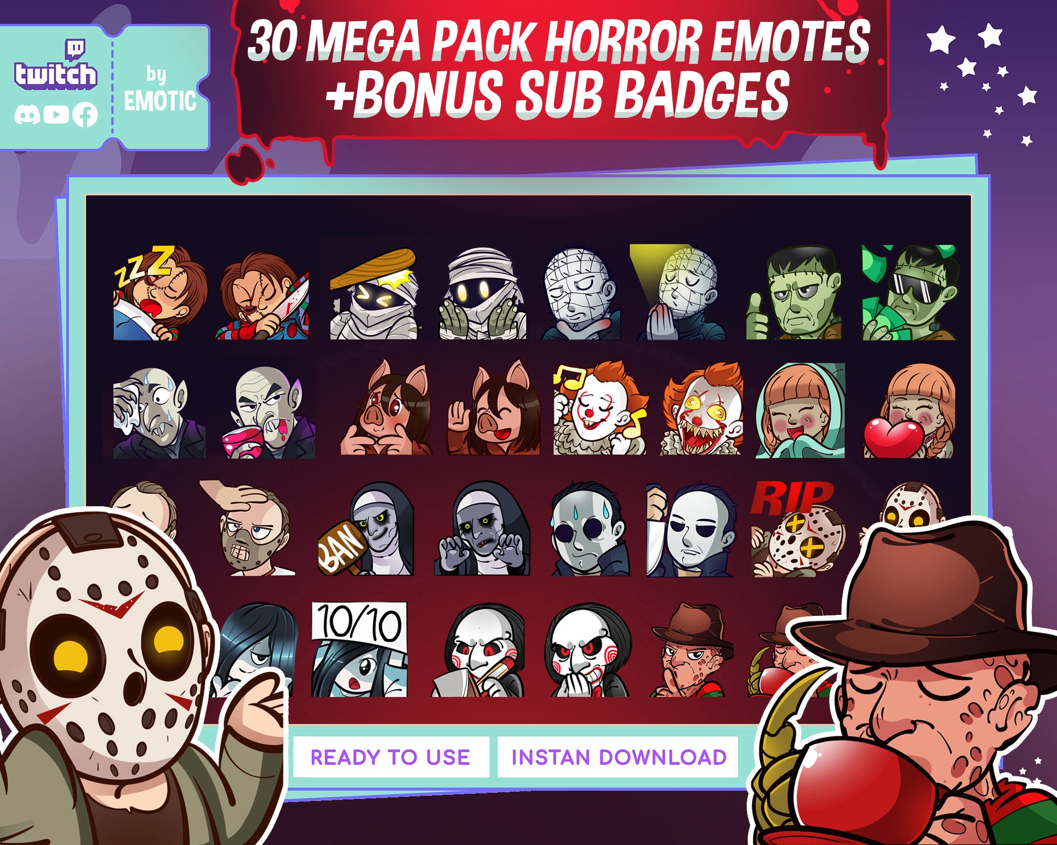 Megapack Emotes and Free 6 Sub Badges | Horror Megapack | Horror Emotes ...
