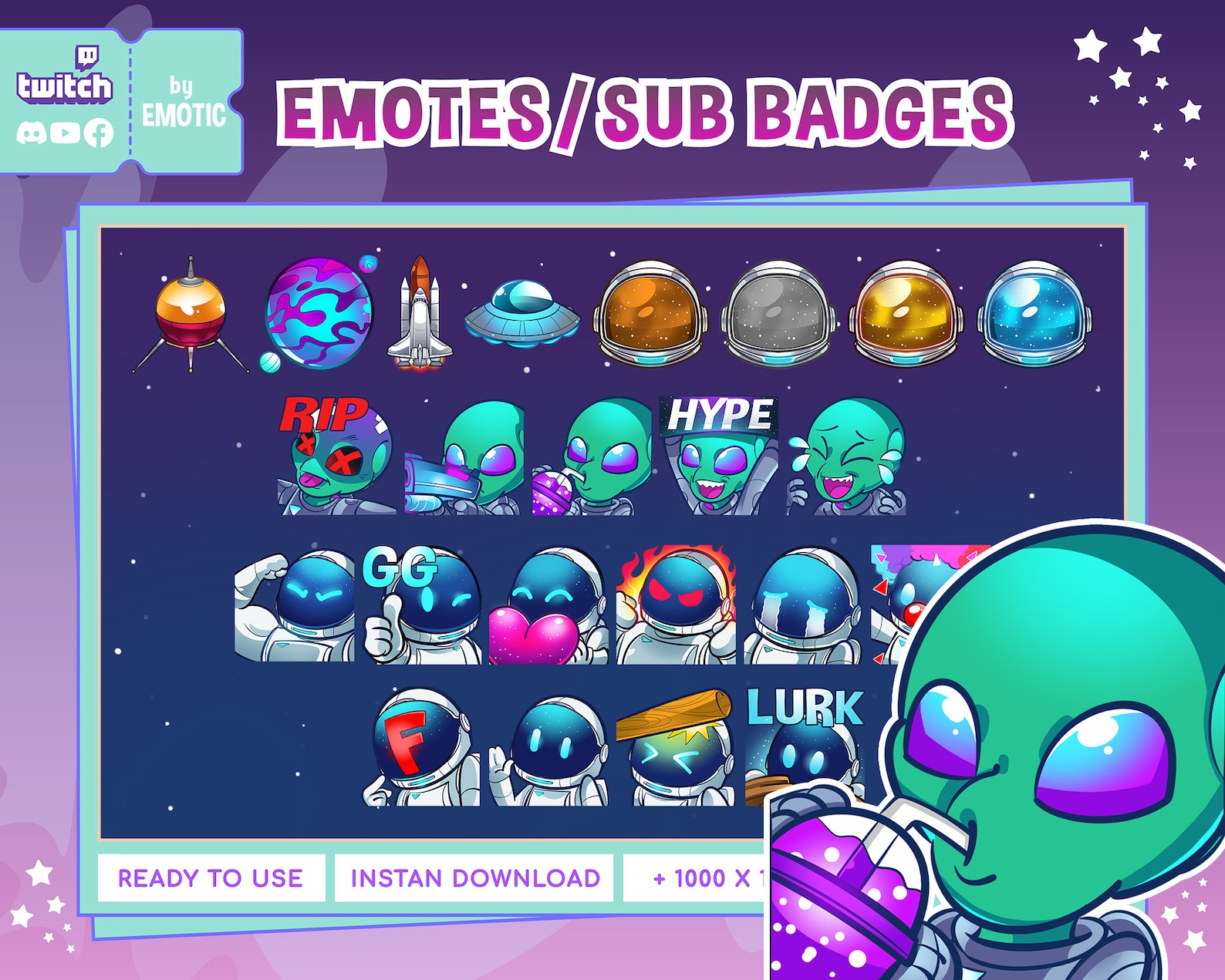 Twitch Emote Space Mega Pack : Alien Emotes | Astronaut Emotes | Rocket ...
