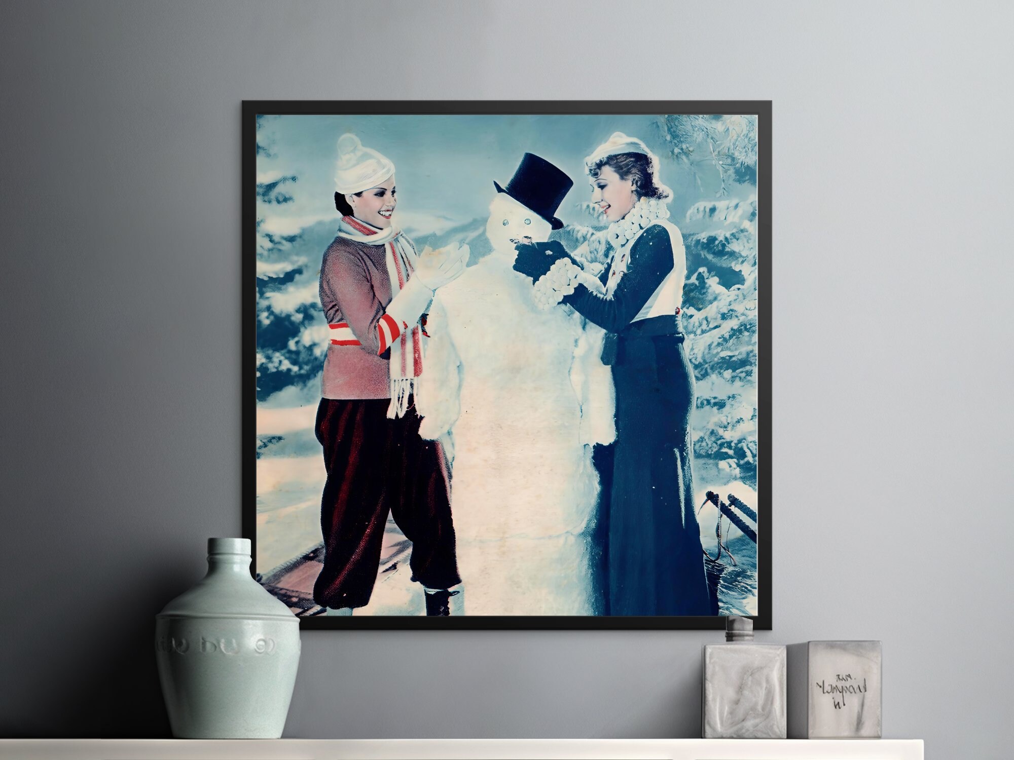 Vintage Winter Scene Wall Art, Retro Snowman Creation, Classic Holiday ...