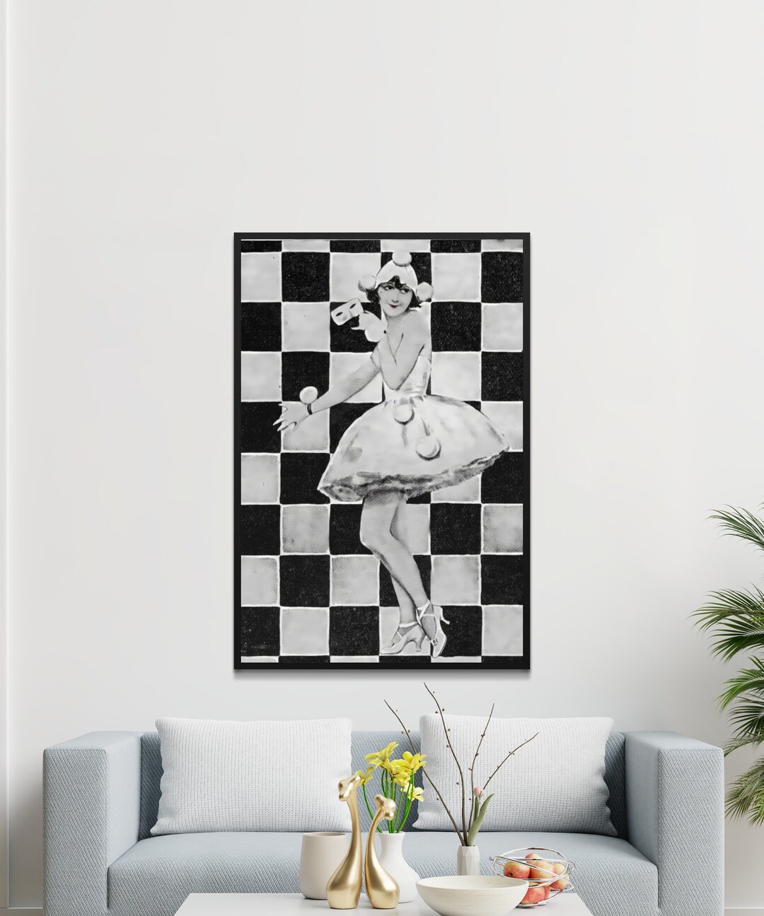 Vintage Style Jester Illustration, Black and White Checkerboard Wall ...
