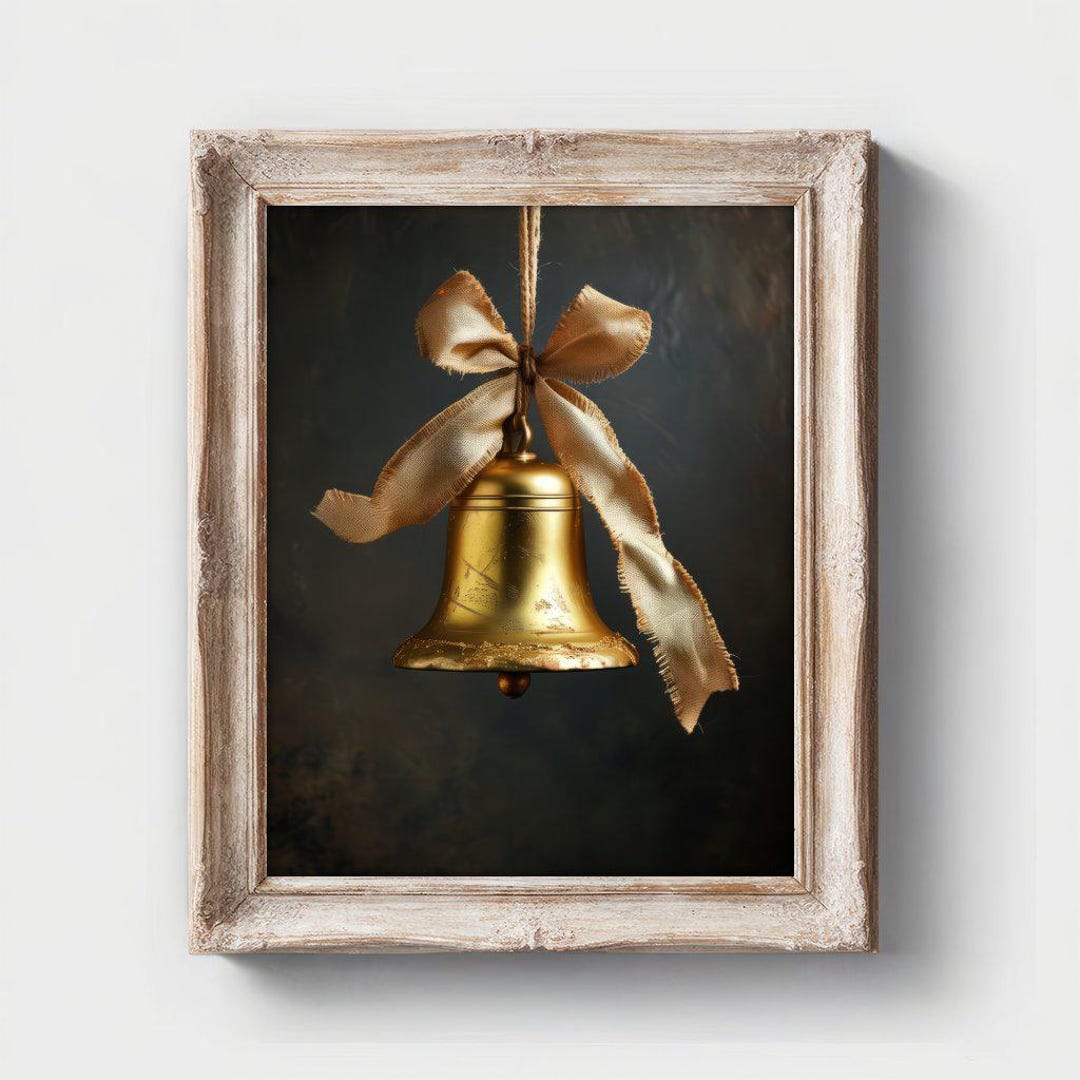 Vintage Christmas Bell Art Print, Rustic Holiday Decor, Gold Bell Wall ...