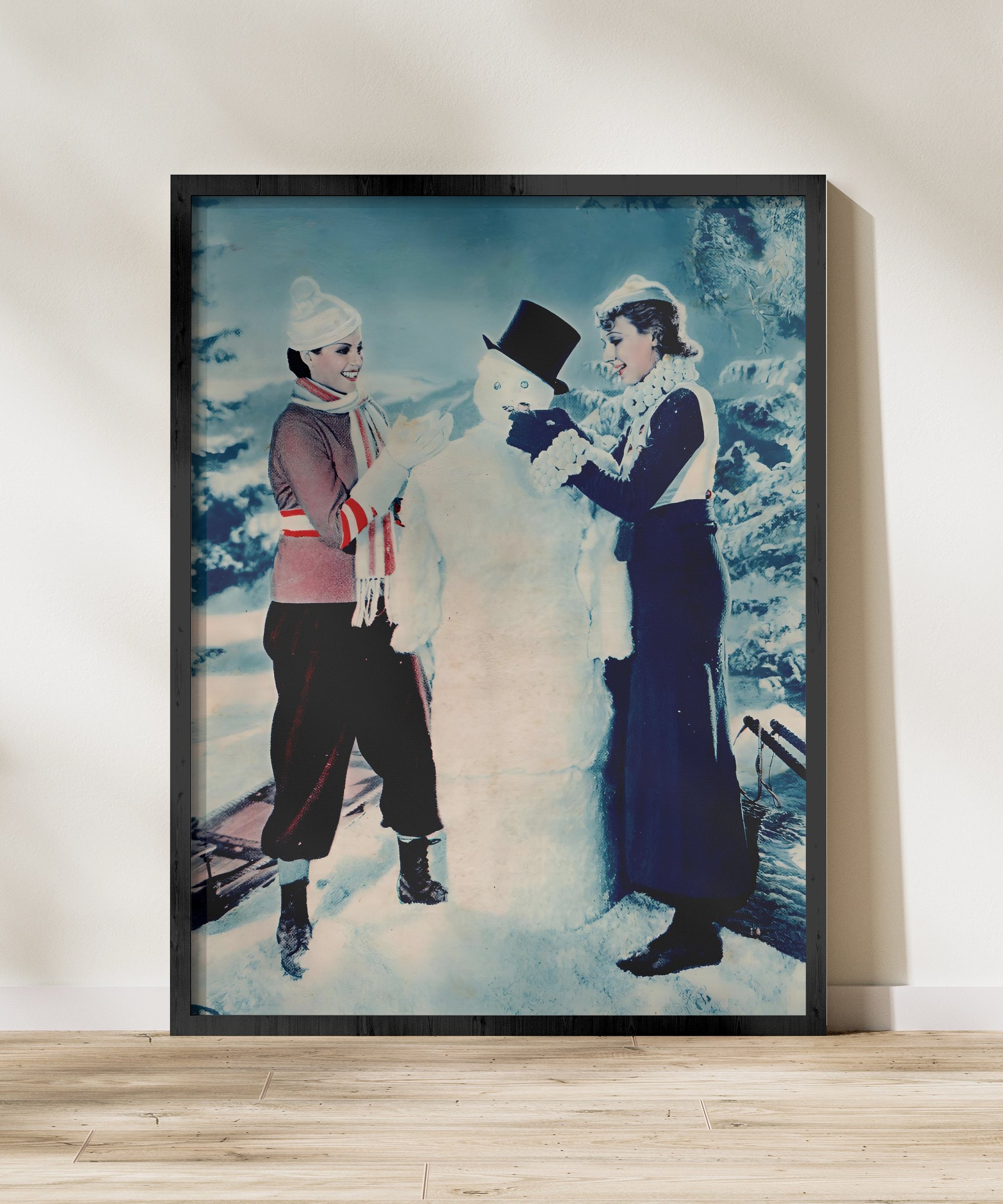 Vintage Winter Scene Wall Art, Retro Snowman Creation, Classic Holiday ...