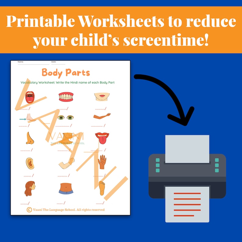 Hindi Printable Body Parts Worksheet - Learn Hindi Body Part Names ...