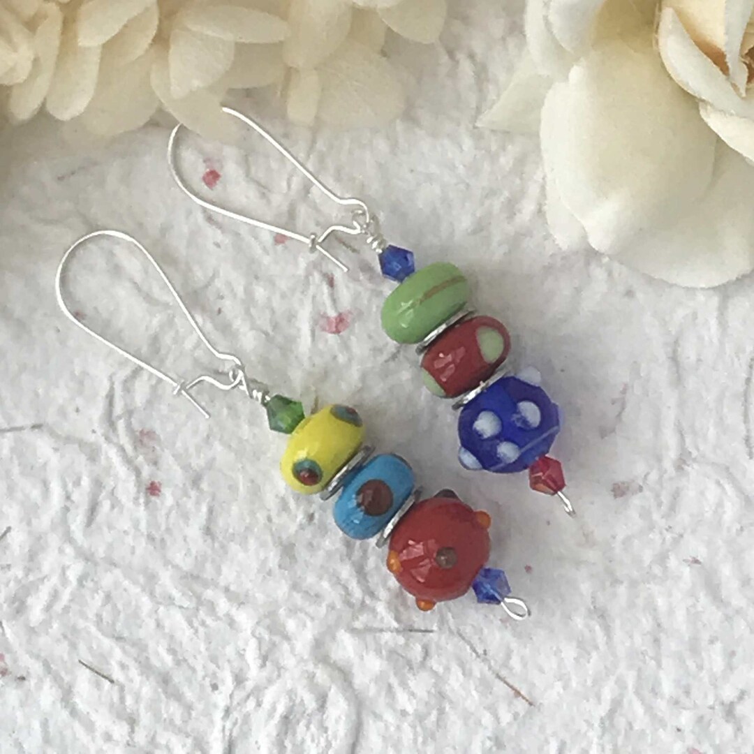 Boho Glass Lampwork Earrings, Mismatch Dangle Earrings, Multi-colour ...
