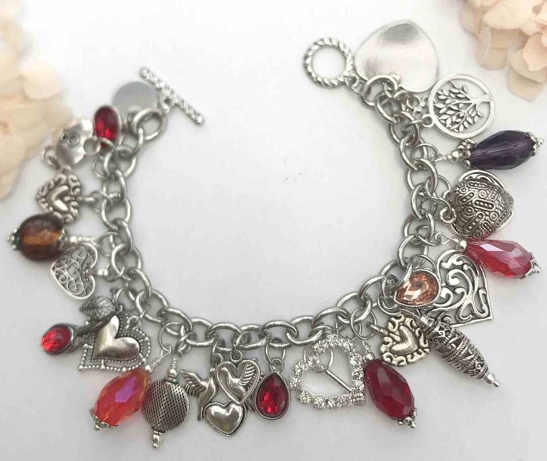 Silver Charm Bracelet, Silver Heart and Gemstone Charm Bracelet ...
