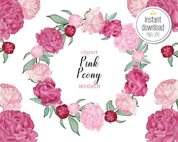 Pink Peony Wreath Watercolor Clipart Wedding Invitation - Etsy
