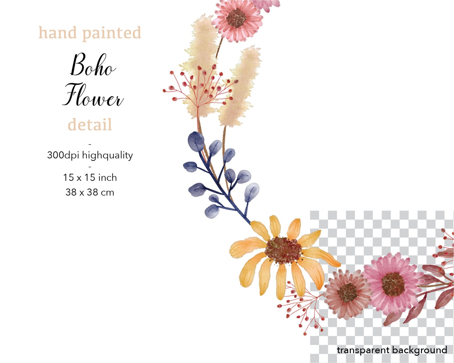 Boho Flower Wreath Clipart: Watercolor Floral Design (PNG, Instant ...