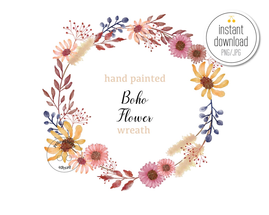 Boho Flower Wreath Clipart | Watercolor - for Wedding and Party Etc ...
