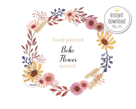 Boho Flower Wreath Clipart Watercolor for Wedding and - Etsy