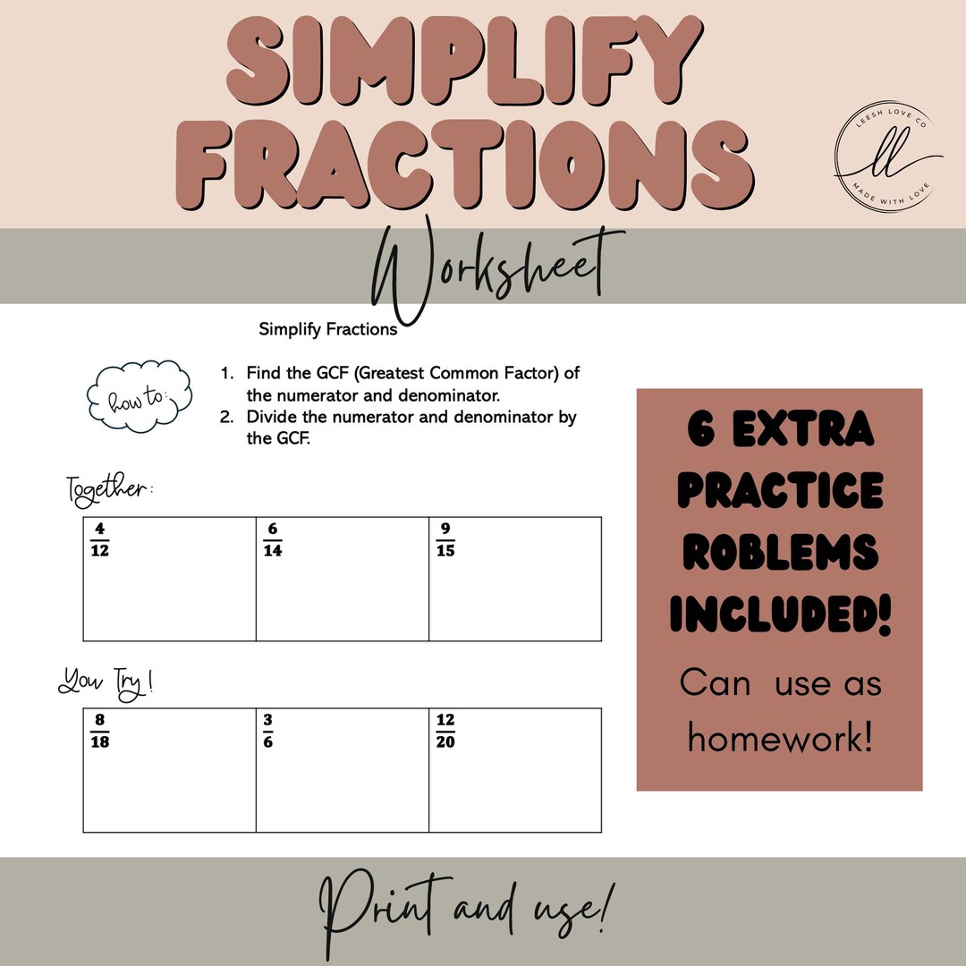 Simplifying Fractions Worksheets | Math Practice | 4th 5th 6th Grade ...
