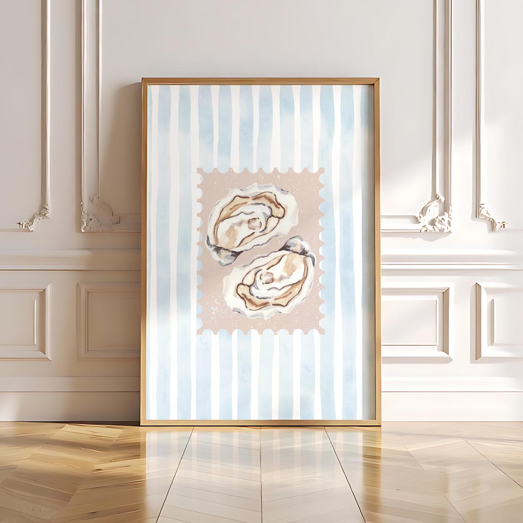 Oyster Shell Art - Preppy Aesthetic, Blue Nautical Stripes, Coastal ...