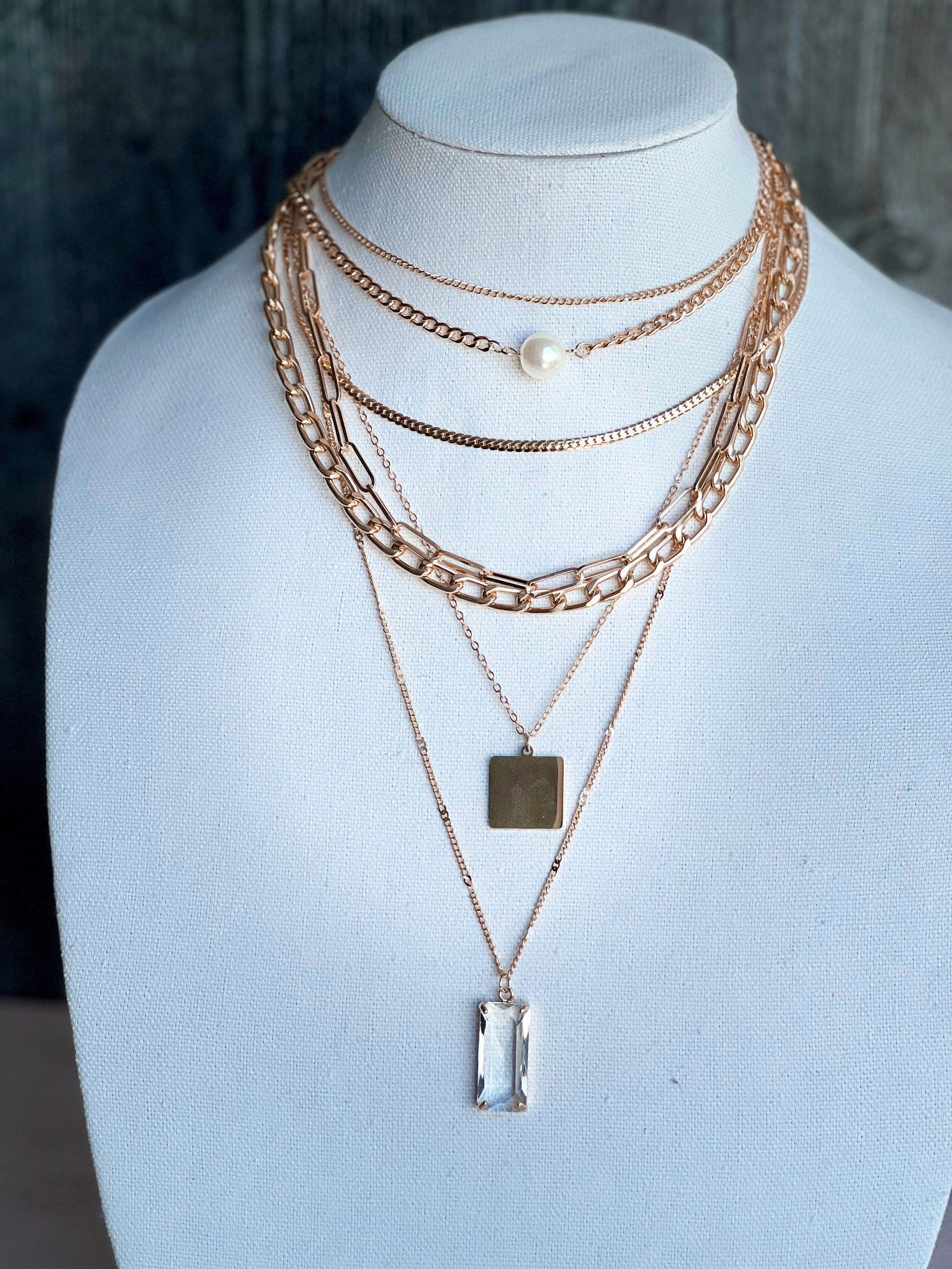 18K Gold Multi-layer Necklaces for Women With Crystal Pendant and ...