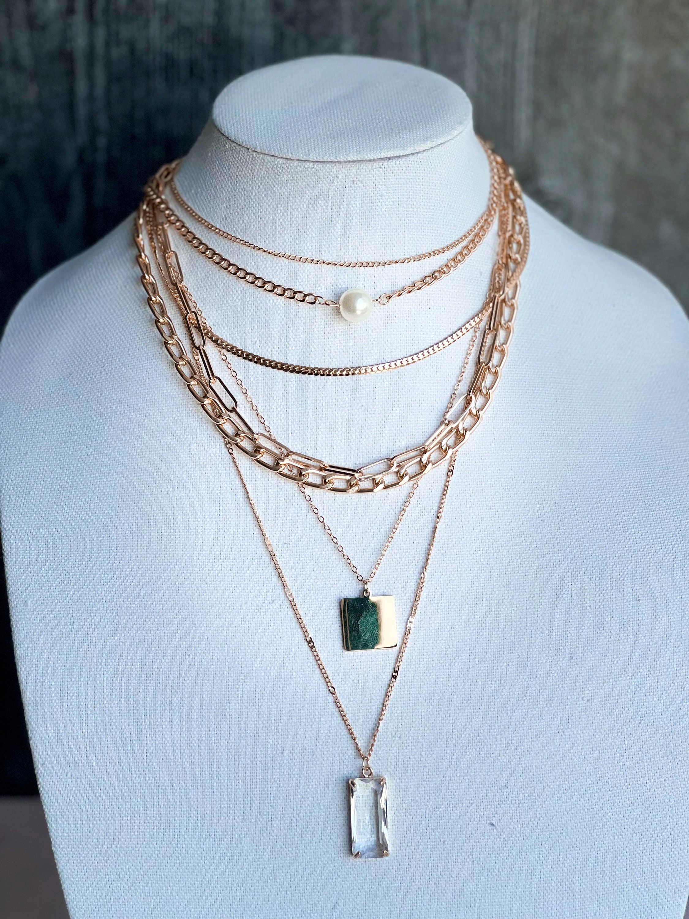 18K Gold Multi-layer Necklaces for Women With Crystal Pendant and ...