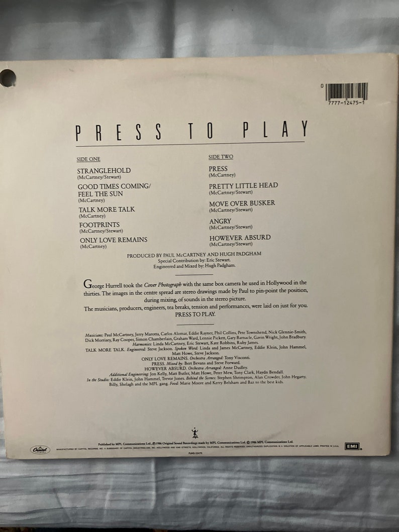 Paul Mccartney – Press to Play 1986 Vinyl LP NM - Etsy