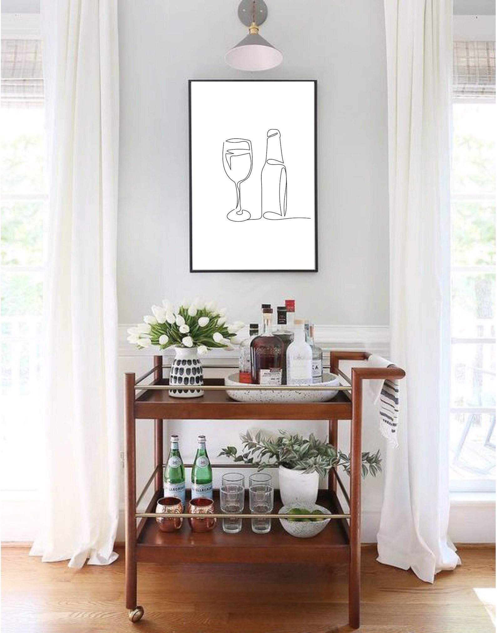 Minimal Beer and Wine Drawing, Bar Cart, Bar Cart Drawing, Bar Cart ...